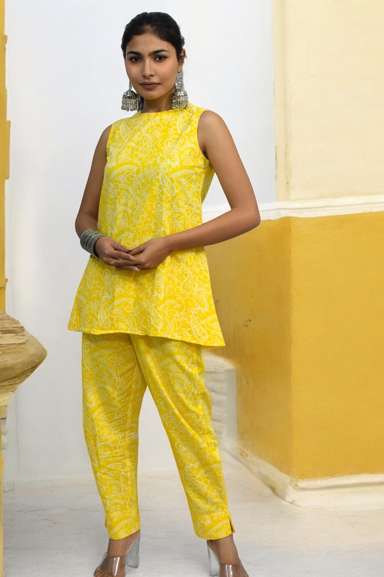 Yellow umbrella sleeveless coord set – Jaipur Hand Block