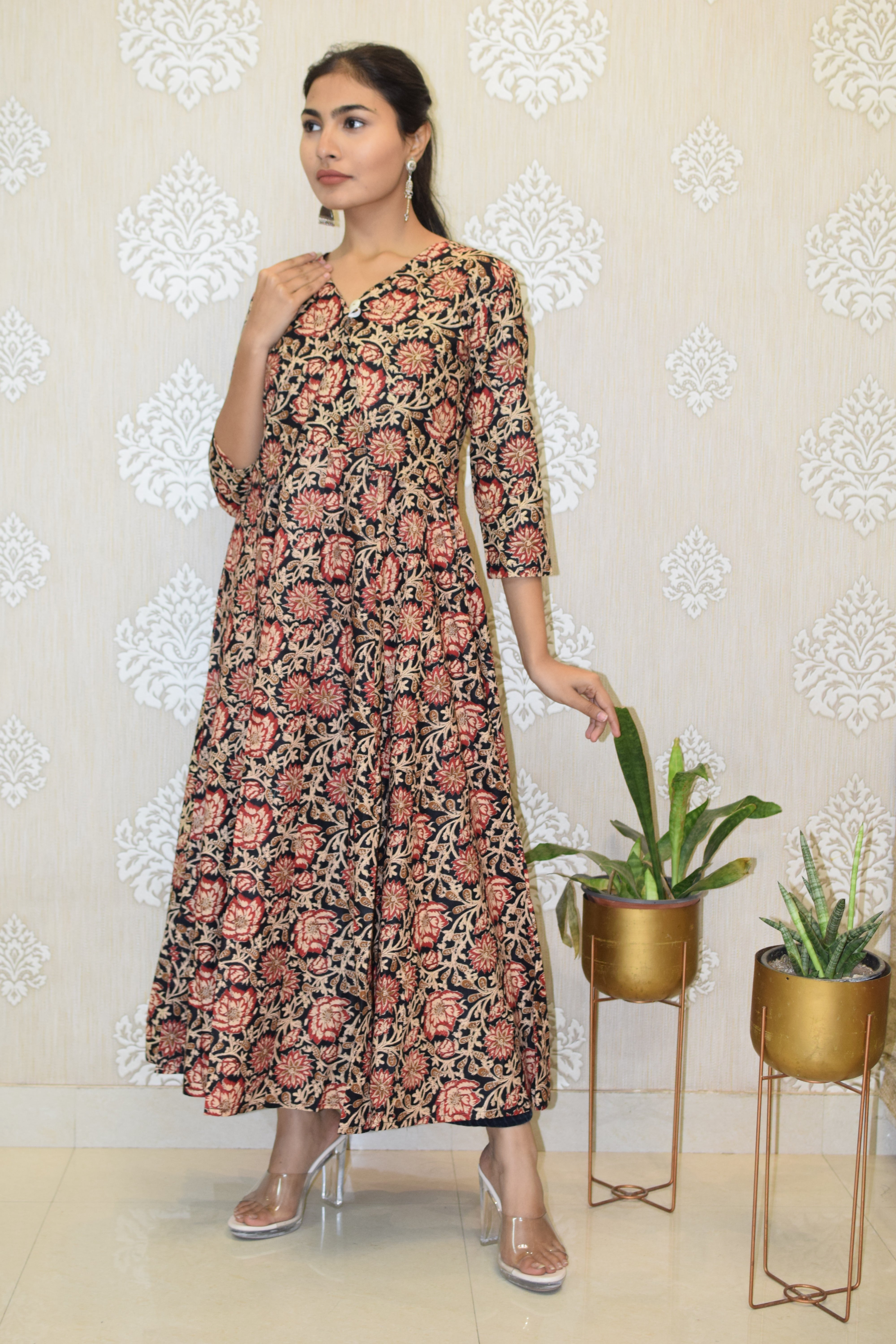 Red Kalamkari Long Flared A Line Dress with jacket – Jaipur Hand Block