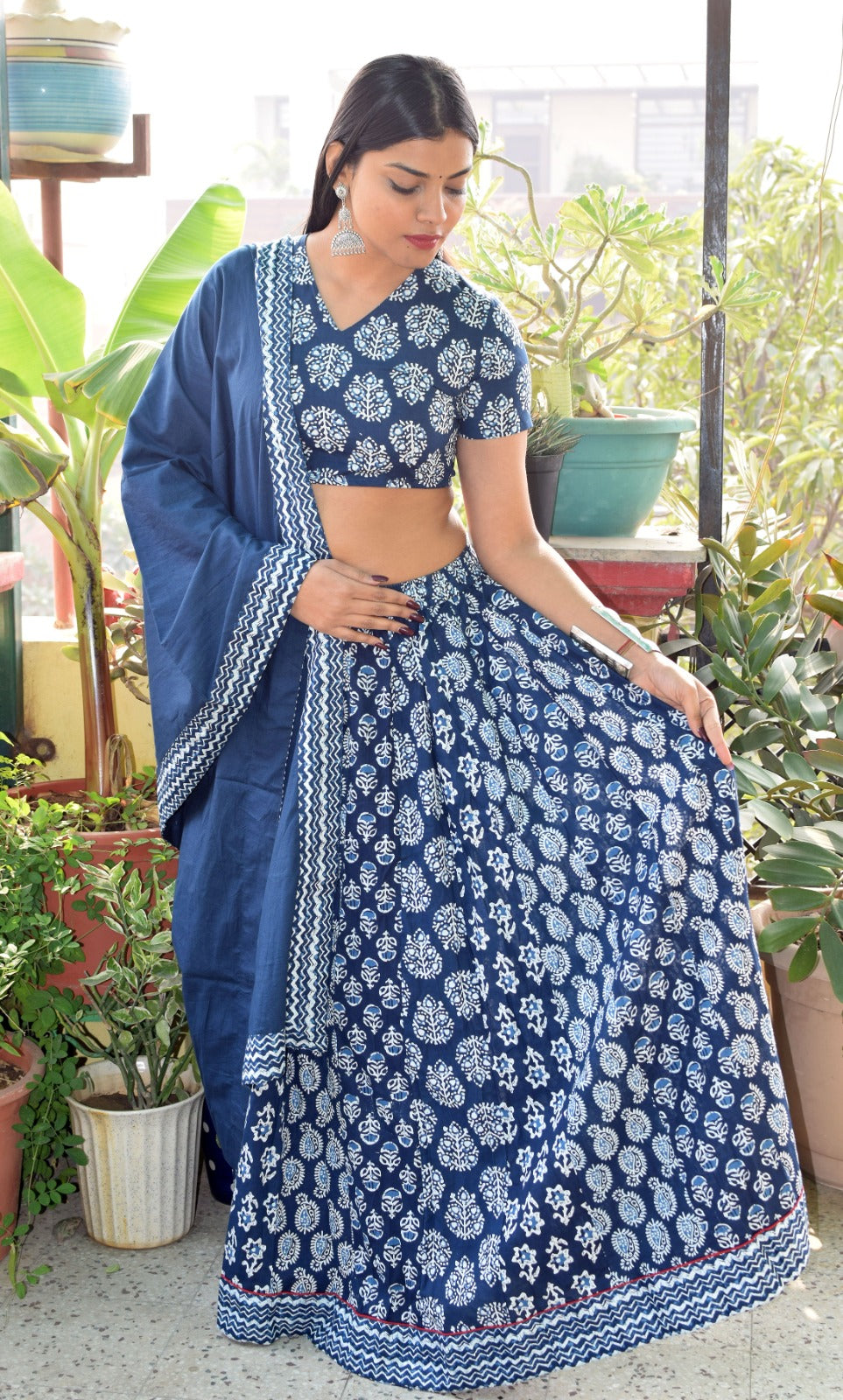 Amer Booti Indigo half sleeves lehanga set – Jaipur Hand Block